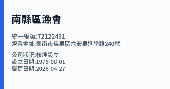 南縣區漁會的照片-統編 72122431(臺南市) 公司登記資料與營業項目詳細圖表
