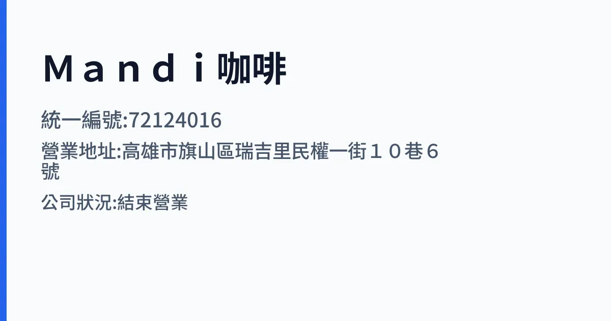 Ｍａｎｄｉ咖啡 - 統編 72124016(高雄市) 公司登記資料與營業項目詳細圖表