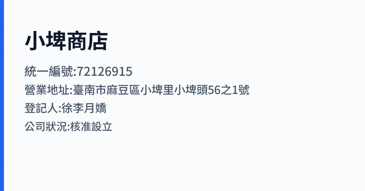 小埤商店 - 統編 72126915(臺南市) 公司登記資料與營業項目詳細圖表