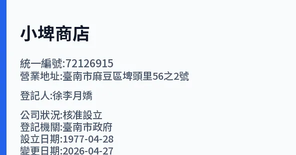 小埤商店的照片-統編 72126915(臺南市) 公司登記資料與營業項目詳細圖表