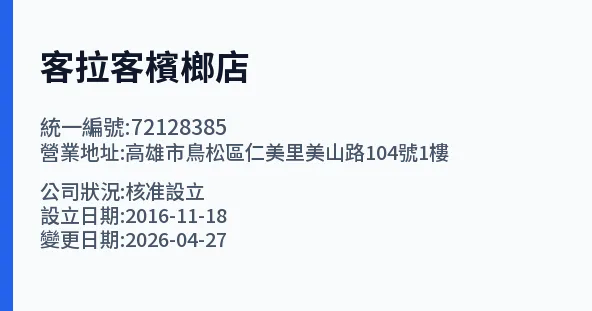 客拉客檳榔店的照片-統編 72128385(高雄市) 公司登記資料與營業項目詳細圖表