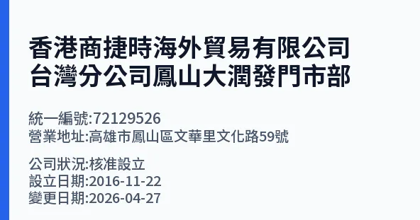 香港商捷時海外貿易有限公司台灣分公司鳳山大潤發門市部的照片-統編 72129526(高雄市) 公司登記資料與營業項目詳細圖表
