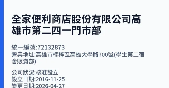 全家便利商店股份有限公司高雄市第二四一門市部的照片-統編 72132873(高雄市) 公司登記資料與營業項目詳細圖表