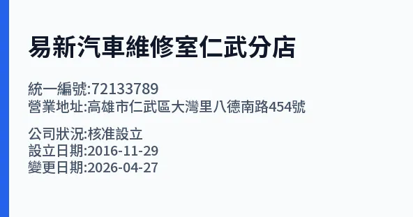 易新汽車維修室仁武分店的照片-統編 72133789(高雄市) 公司登記資料與營業項目詳細圖表