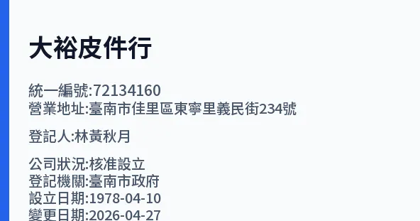 大裕皮件行的照片-統編 72134160(臺南市) 公司登記資料與營業項目詳細圖表