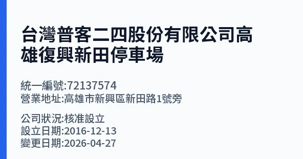 台灣普客二四股份有限公司高雄復興新田停車場的照片-統編 72137574(高雄市) 公司登記資料與營業項目詳細圖表