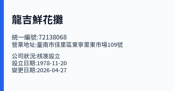 龍吉鮮花攤的照片-統編 72138068(臺南市) 公司登記資料與營業項目詳細圖表