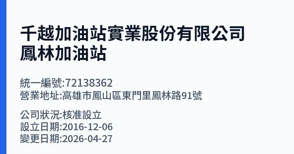 千越加油站實業股份有限公司鳳林加油站的照片-統編 72138362(高雄市) 公司登記資料與營業項目詳細圖表