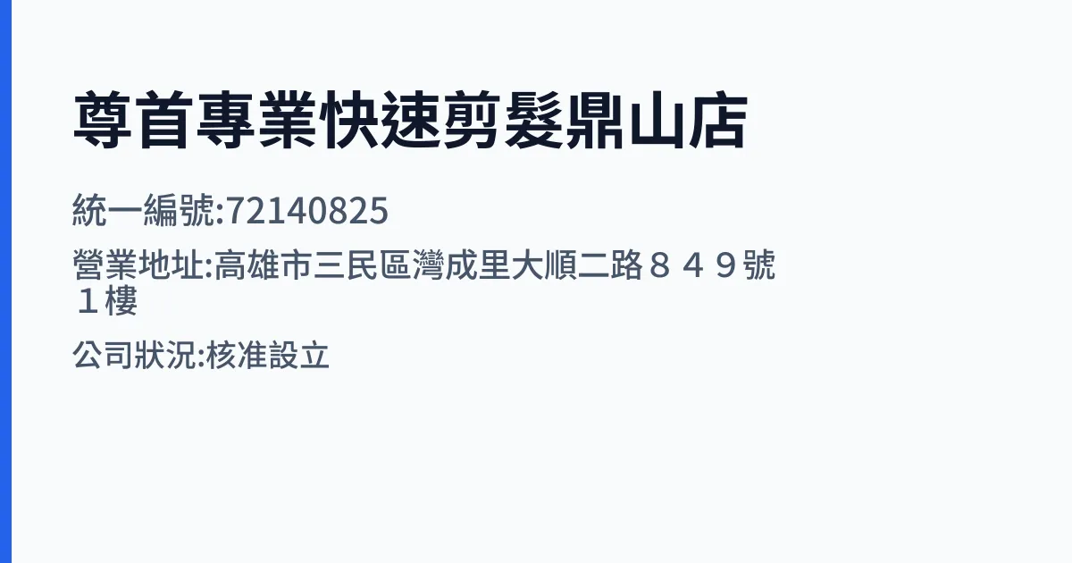 尊首專業快速剪髮鼎山店 - 統編 72140825(高雄市) 公司登記資料與營業項目詳細圖表