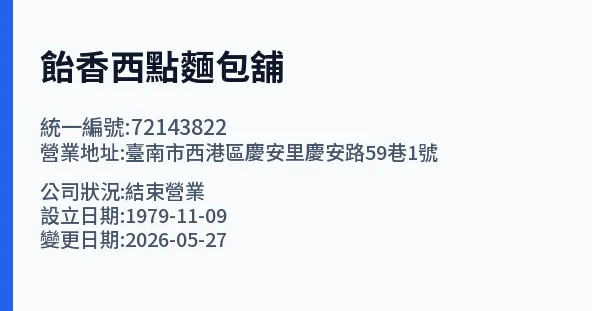 飴香西點麵包舖的照片-統編 72143822(臺南市) 公司登記資料與營業項目詳細圖表