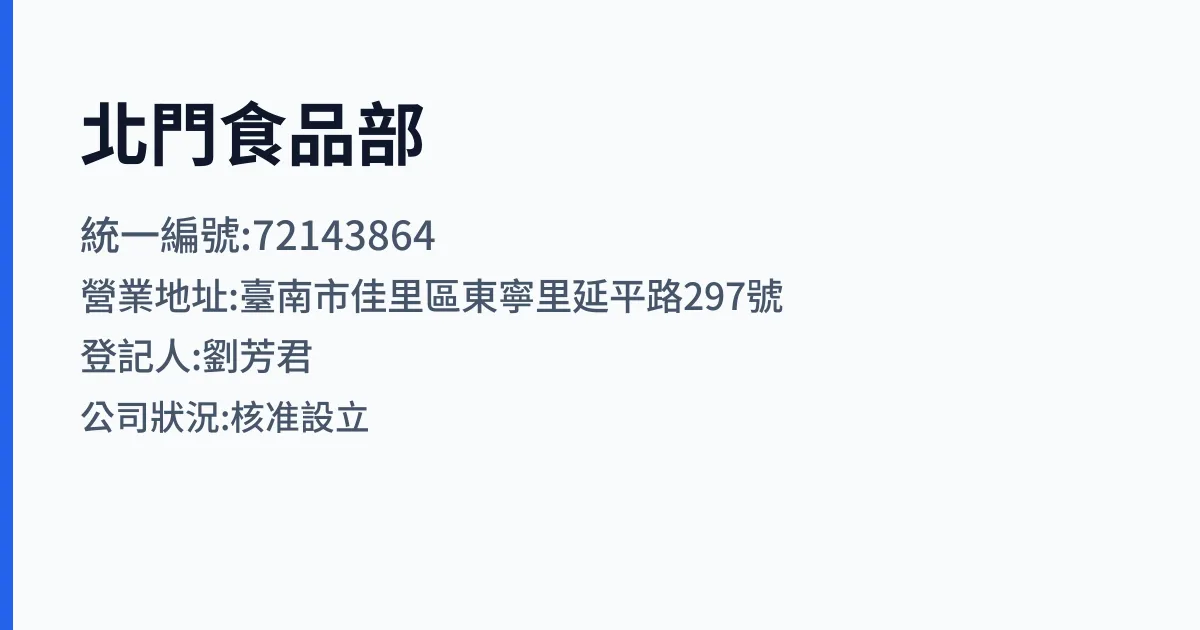 北門食品部 - 統編 72143864(臺南市) 公司登記資料與營業項目詳細圖表