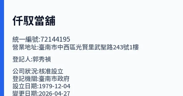 仟馭當舖的照片-統編 72144195(臺南市) 公司登記資料與營業項目詳細圖表