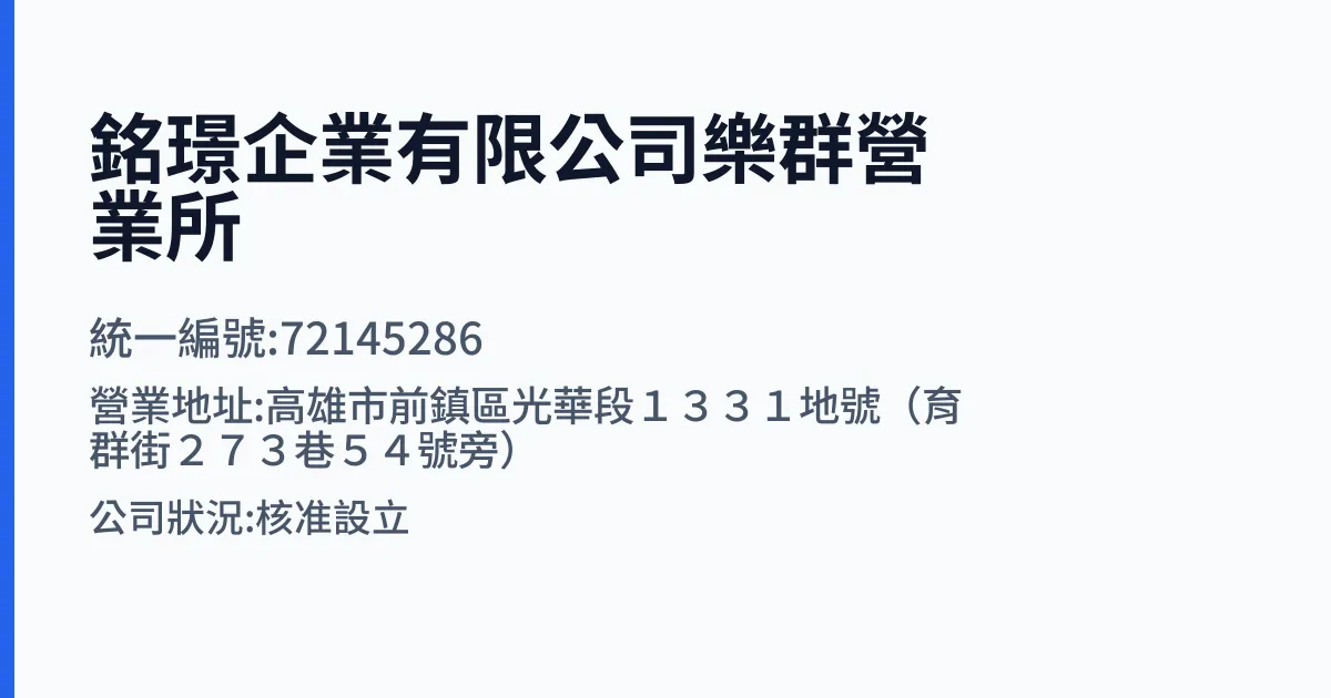 銘璟企業有限公司樂群營業所 - 統編 72145286(高雄市) 公司登記資料與營業項目詳細圖表