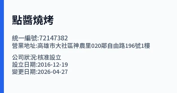 點醬燒烤的照片-統編 72147382(高雄市) 公司登記資料與營業項目詳細圖表