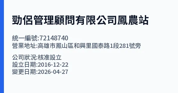 勁侶管理顧問有限公司鳳農站的照片-統編 72148740(高雄市) 公司登記資料與營業項目詳細圖表