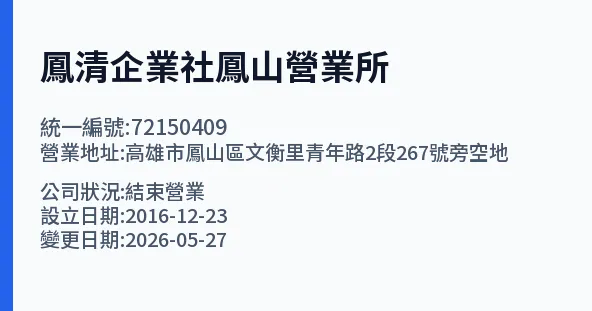 鳳清企業社鳳山營業所的照片-統編 72150409(高雄市) 公司登記資料與營業項目詳細圖表