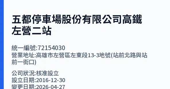 五都停車場股份有限公司高鐵左營二站的照片-統編 72154030(高雄市) 公司登記資料與營業項目詳細圖表