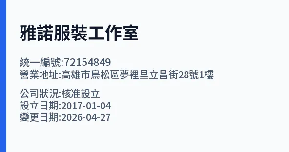 雅諾服裝工作室的照片-統編 72154849(高雄市) 公司登記資料與營業項目詳細圖表