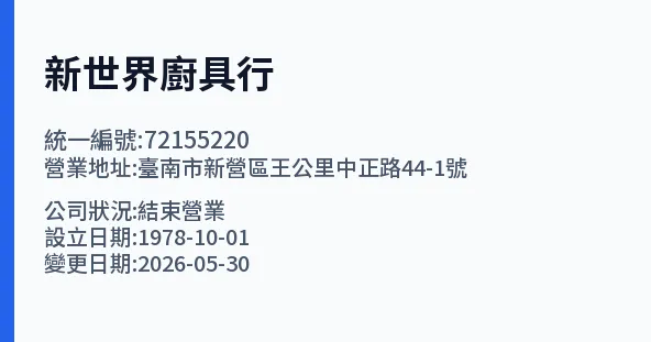 新世界廚具行的照片-統編 72155220(臺南市) 公司登記資料與營業項目詳細圖表