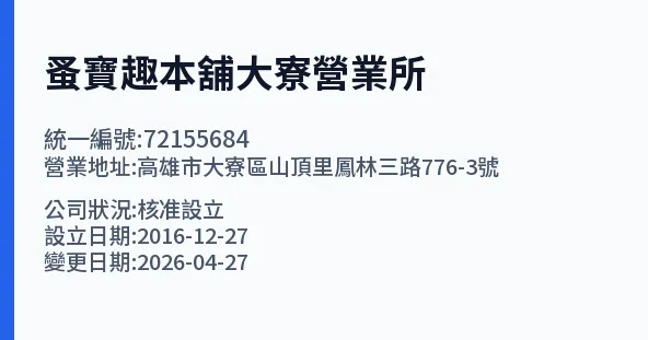 蚤寶趣本舖大寮營業所的照片-統編 72155684(高雄市) 公司登記資料與營業項目詳細圖表