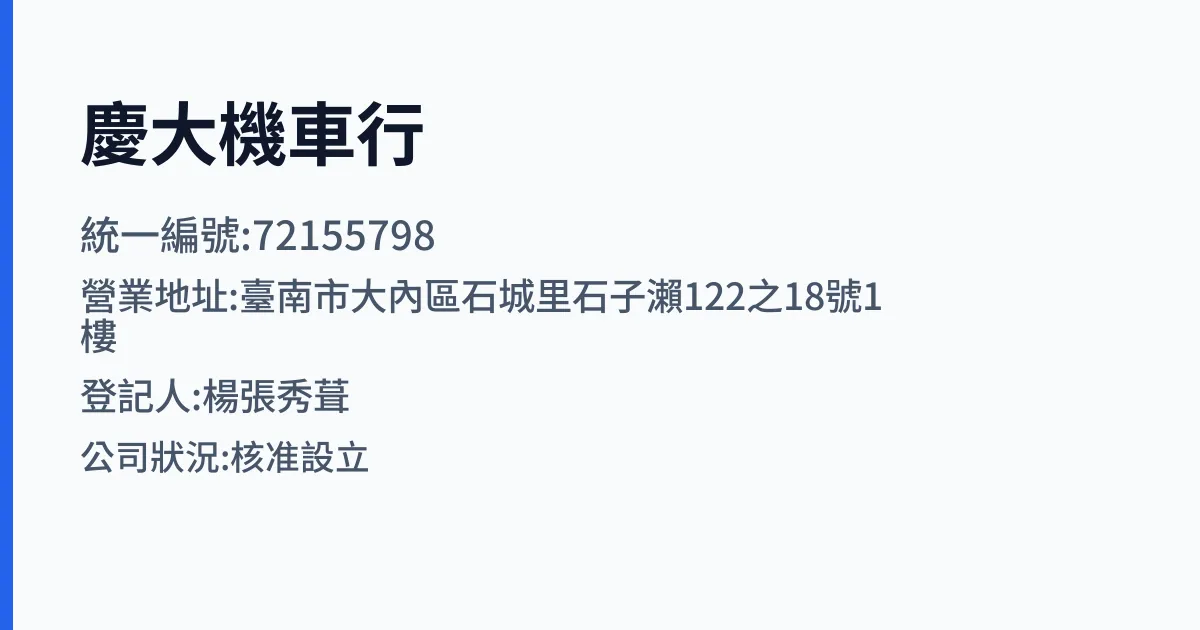 慶大機車行 - 統編 72155798(臺南市) 公司登記資料與營業項目詳細圖表