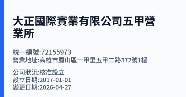 大正國際實業有限公司五甲營業所的照片-統編 72155973(高雄市) 公司登記資料與營業項目詳細圖表