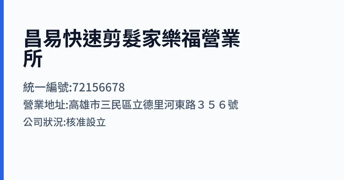 昌易快速剪髮家樂福營業所 - 統編 72156678(高雄市) 公司登記資料與營業項目詳細圖表