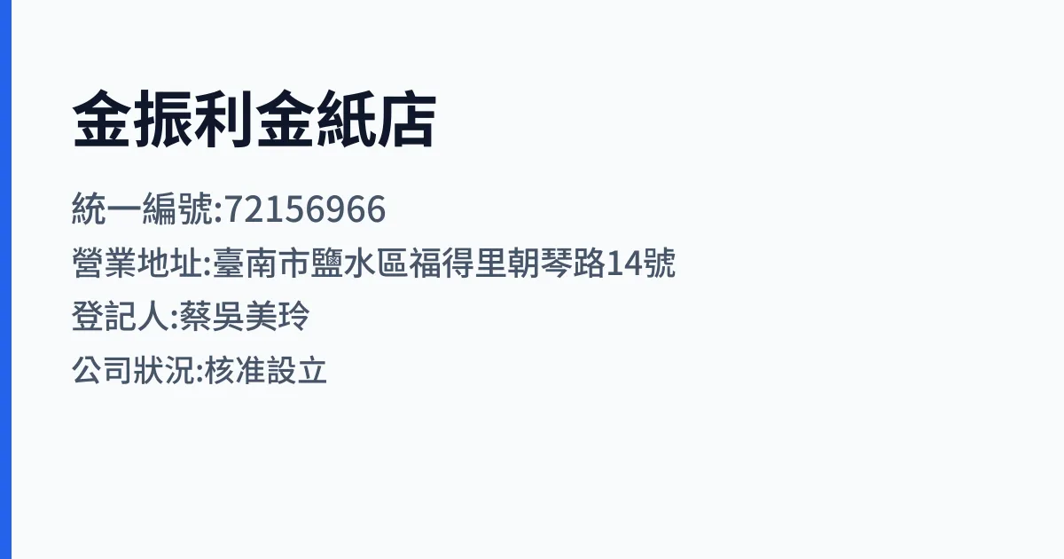 金振利金紙店 - 統編 72156966（臺南市） 公司登記資料與營業項目詳細圖表