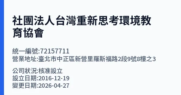 社團法人台灣重新思考環境教育協會的照片-統編 72157711(臺北市) 公司登記資料與營業項目詳細圖表
