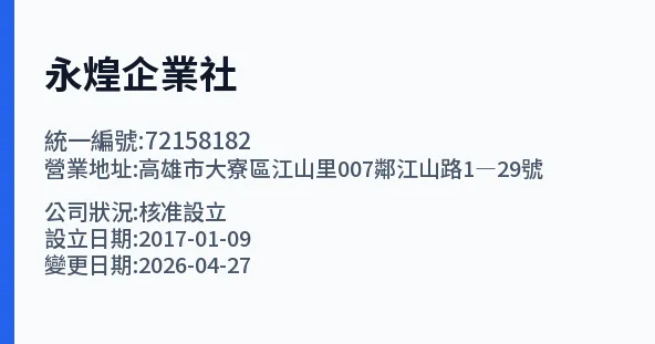 永煌企業社的照片-統編 72158182(高雄市) 公司登記資料與營業項目詳細圖表
