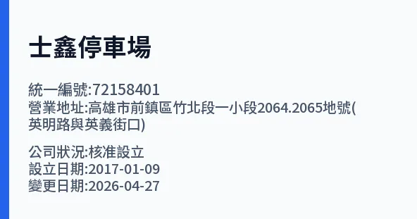 士鑫停車場的照片-統編 72158401(高雄市) 公司登記資料與營業項目詳細圖表