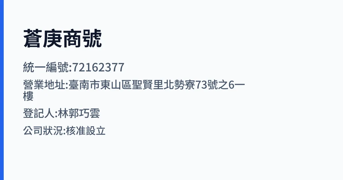 蒼庚商號 - 統編 72162377(臺南市) 公司登記資料與營業項目詳細圖表