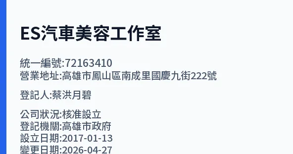 ES汽車美容工作室的照片-統編 72163410(高雄市) 公司登記資料與營業項目詳細圖表