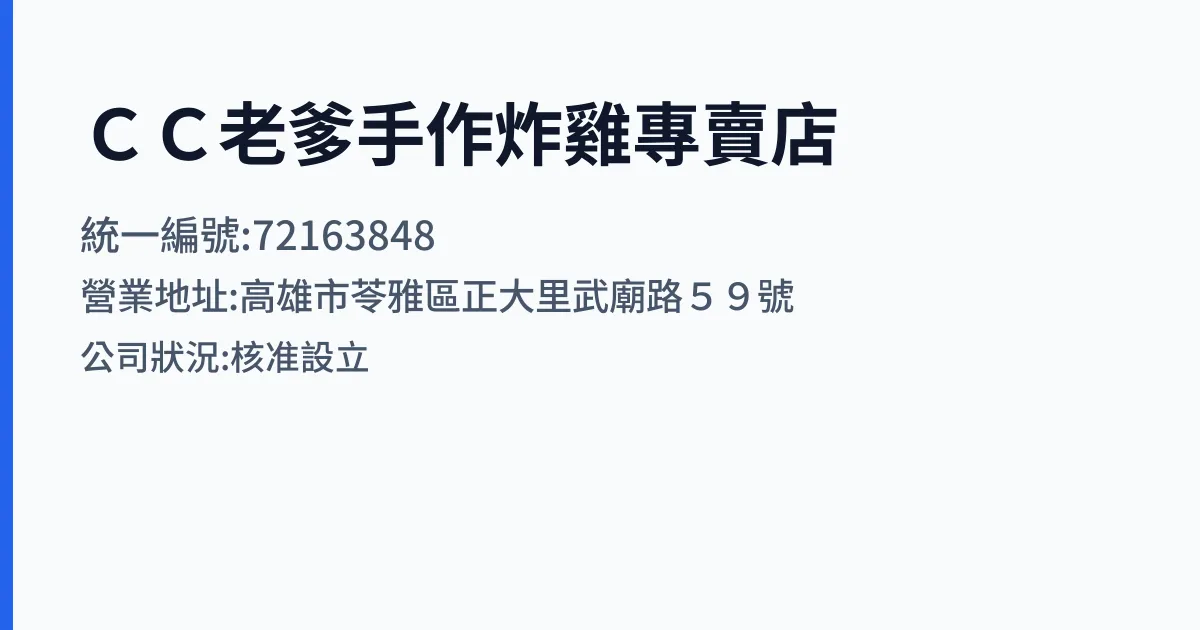 ＣＣ老爹手作炸雞專賣店 - 統編 72163848(高雄市) 公司登記資料與營業項目詳細圖表