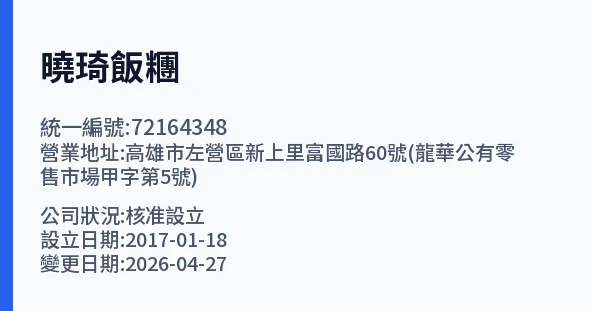 曉琦飯糰的照片-統編 72164348(高雄市) 公司登記資料與營業項目詳細圖表