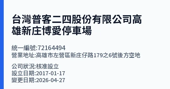 台灣普客二四股份有限公司高雄新庄博愛停車場的照片-統編 72164494(高雄市) 公司登記資料與營業項目詳細圖表