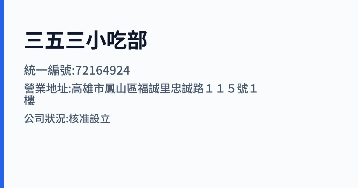 三五三小吃部 - 統編 72164924(高雄市) 公司登記資料與營業項目詳細圖表