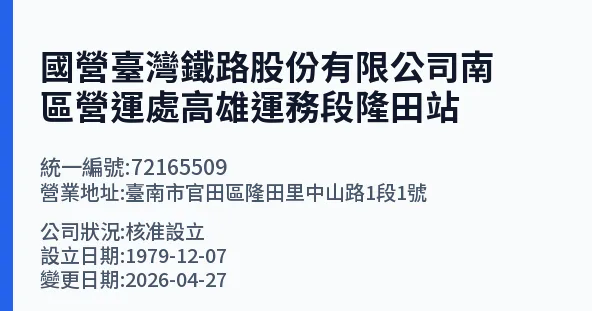國營臺灣鐵路股份有限公司南區營運處高雄運務段隆田站的照片-統編 72165509(臺南市) 公司登記資料與營業項目詳細圖表
