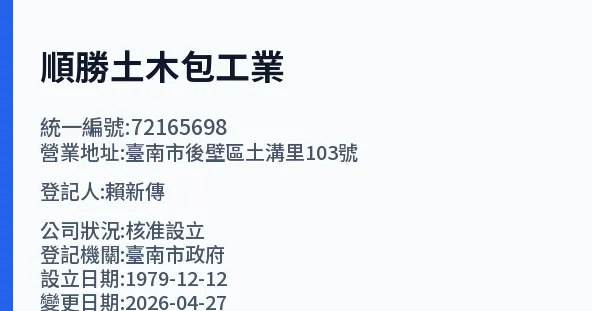順勝土木包工業的照片-統編 72165698(臺南市) 公司登記資料與營業項目詳細圖表