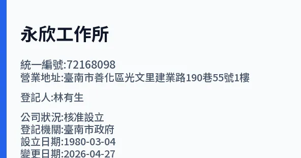 永欣工作所的照片-統編 72168098(臺南市) 公司登記資料與營業項目詳細圖表