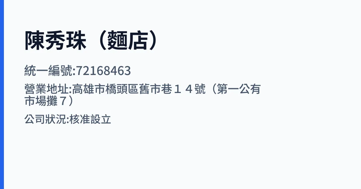 陳秀珠(麵店) - 統編 72168463(高雄市) 公司登記資料與營業項目詳細圖表