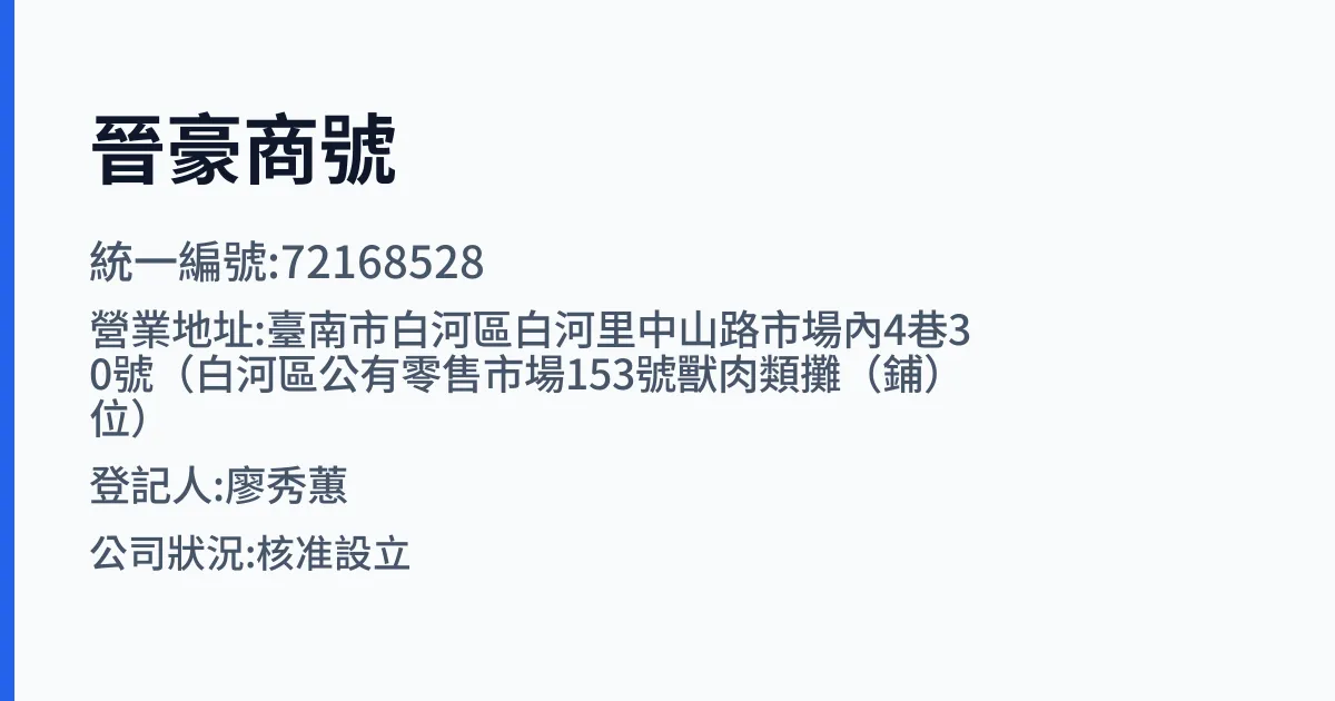 晉豪商號 - 統編 72168528(臺南市) 公司登記資料與營業項目詳細圖表