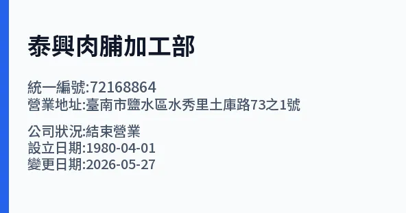 泰興肉脯加工部的照片-統編 72168864(臺南市) 公司登記資料與營業項目詳細圖表