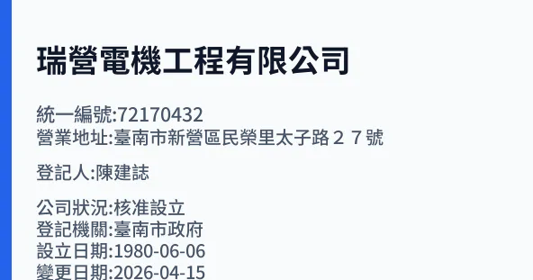 瑞營電機工程有限公司的照片-統編 72170432(臺南市) 公司登記資料與營業項目詳細圖表