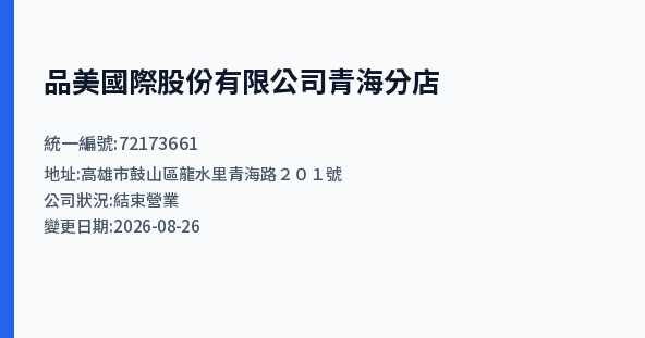 品美國際股份有限公司青海分店的照片-統編 72173661(高雄市) 公司登記資料與營業項目詳細圖表
