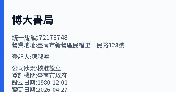 博大書局的照片-統編 72173748(臺南市) 公司登記資料與營業項目詳細圖表