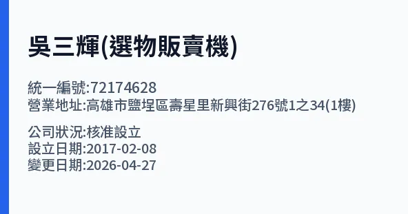吳三輝(選物販賣機)的照片-統編 72174628(高雄市) 公司登記資料與營業項目詳細圖表