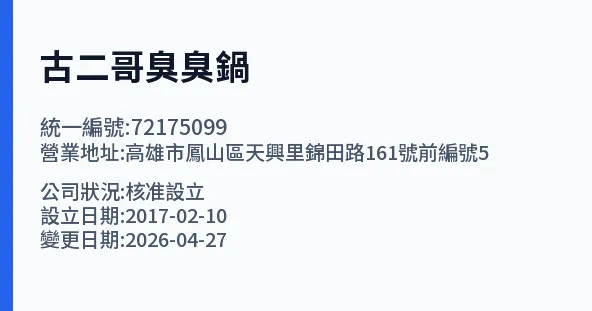 古二哥臭臭鍋的照片-統編 72175099(高雄市) 公司登記資料與營業項目詳細圖表