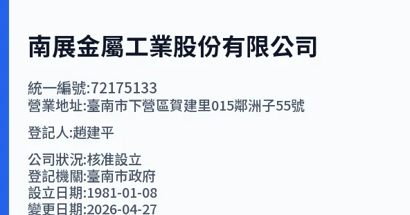 南展金屬工業股份有限公司的照片-統編 72175133(臺南市) 公司登記資料與營業項目詳細圖表