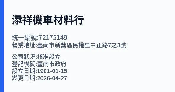 添祥機車材料行的照片-統編 72175149(臺南市) 公司登記資料與營業項目詳細圖表
